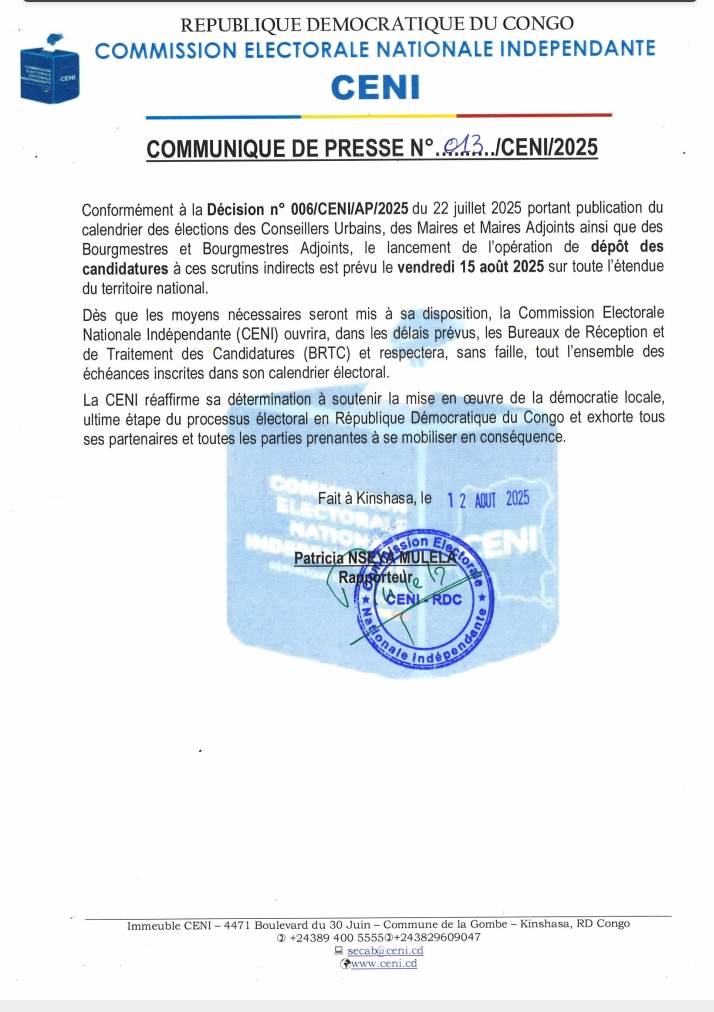 RDC : La CENI annonce le lancement du dépôt des candidatures pour les ...